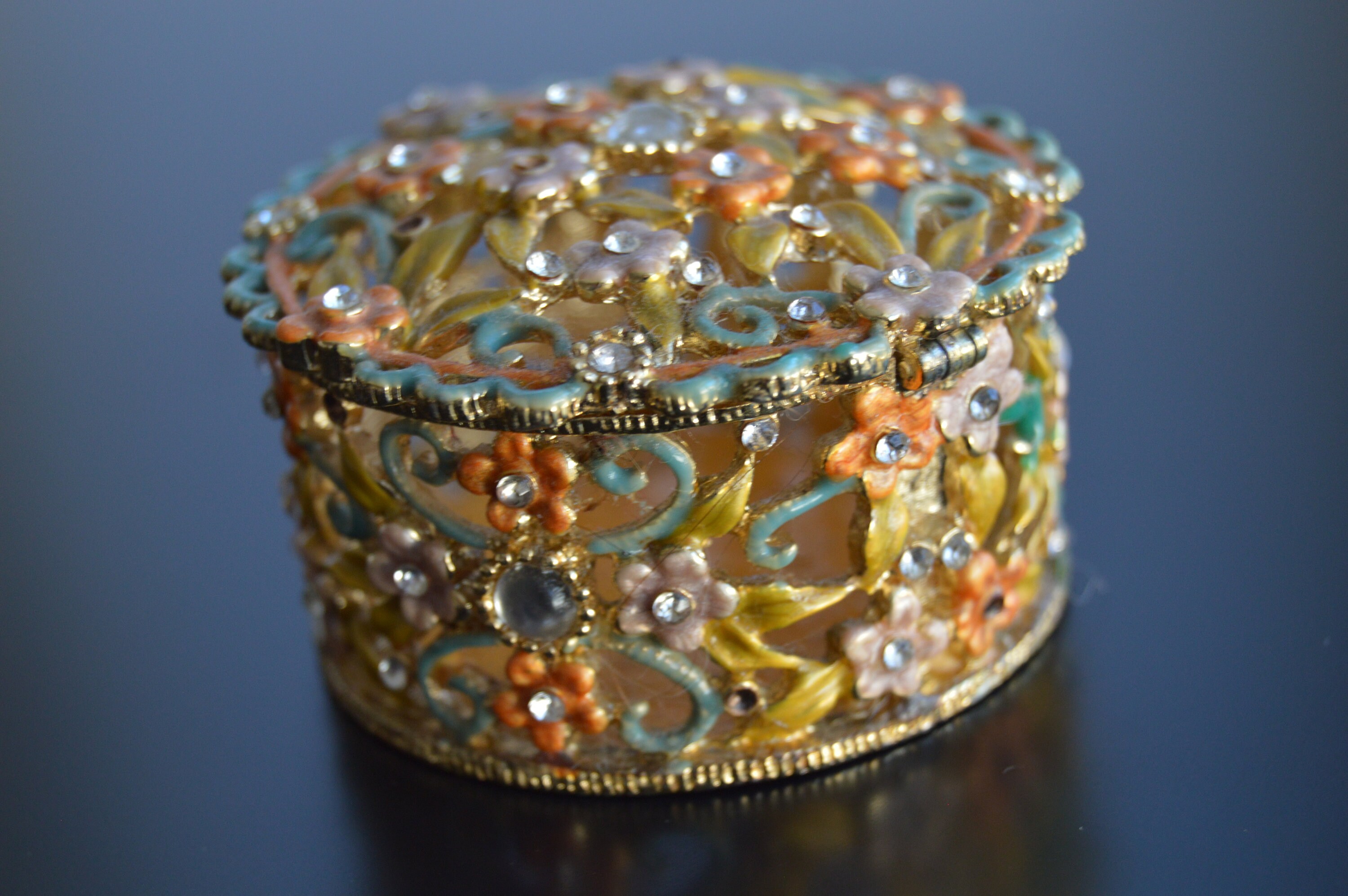 Hand Painted Enameled Hollow Trinket Box With Imbedded Rhinestones and ...