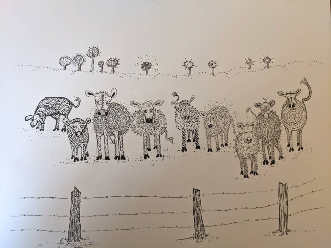 Herd of Grazing Cows Pen and Ink Farm Art - Etsy