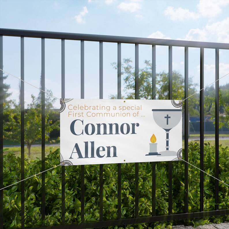 First Holy Communion Banner Boy, Custom Name Religious Party Backdrop ...