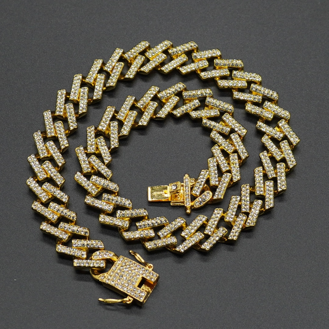 Gold Iced Prong Cuban Link Chain 45 Cm Shiny Glittering Gold-plated - Etsy