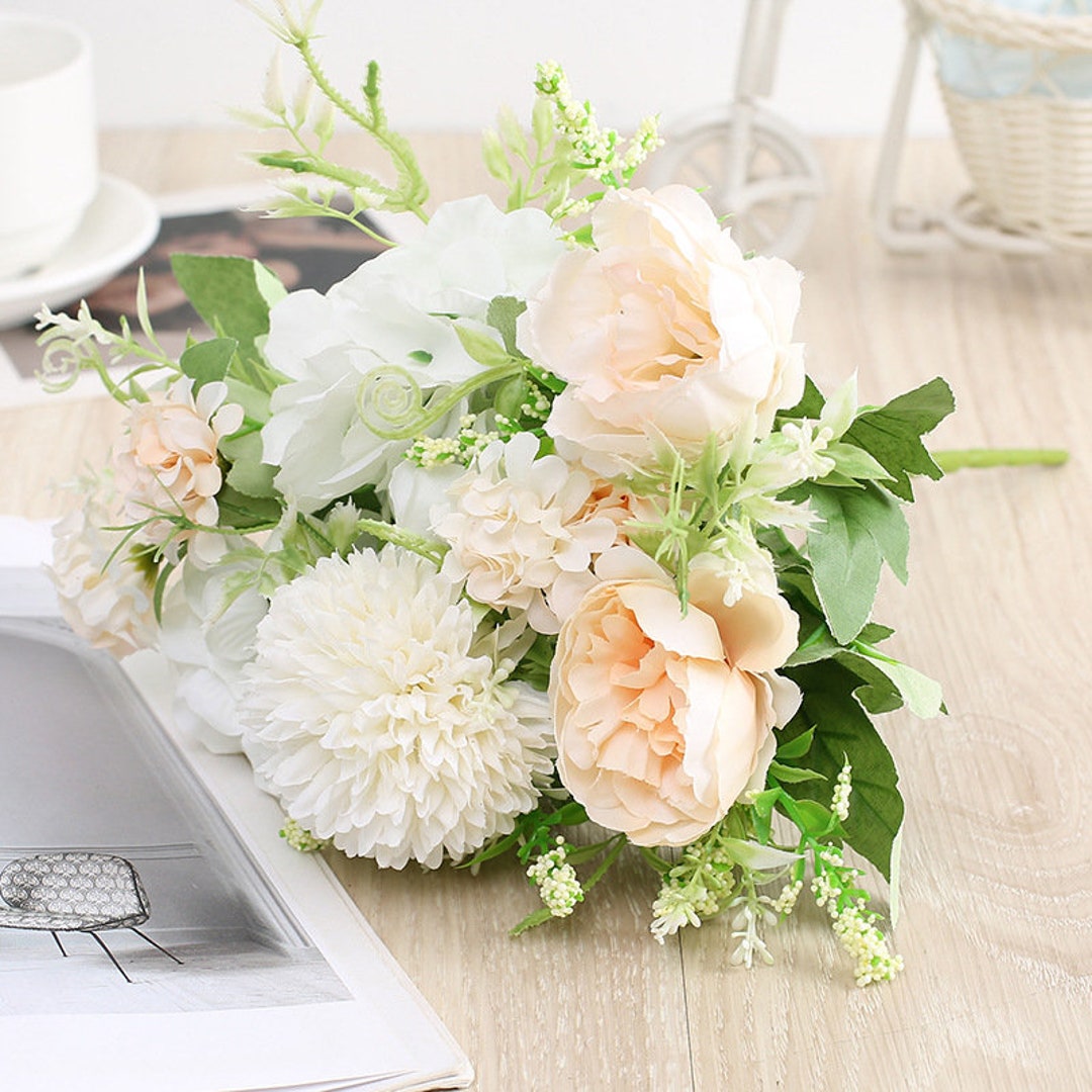 3 Artificial Bridal Mixed Peony Bouquet 4 COLOURS faux Silk Flowers ...