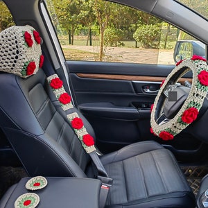 Car Accessories Set Include Crochet Roses Car Headrest Covers Car ...