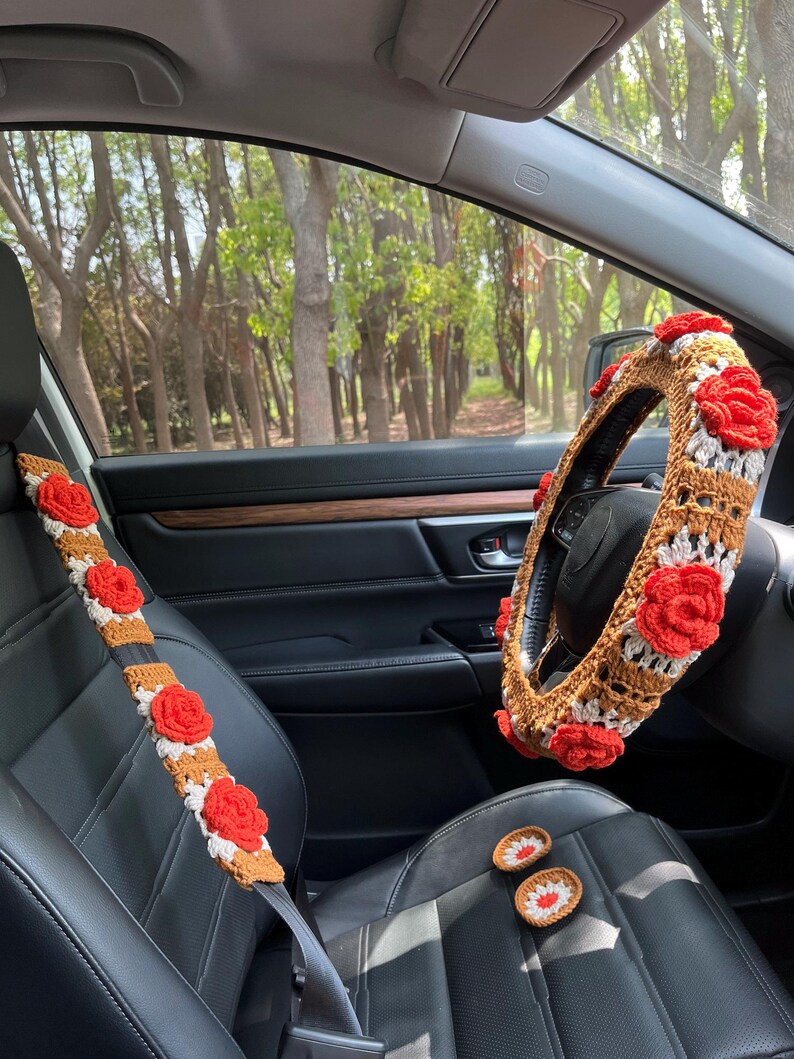 Crochet Roses Flower Steering Wheel Cover,orange Red Color Steering ...