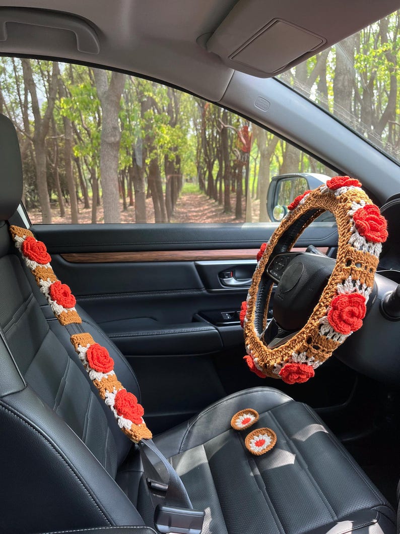 Crochet Roses Flower Steering Wheel Cover,orange Red Color Steering ...
