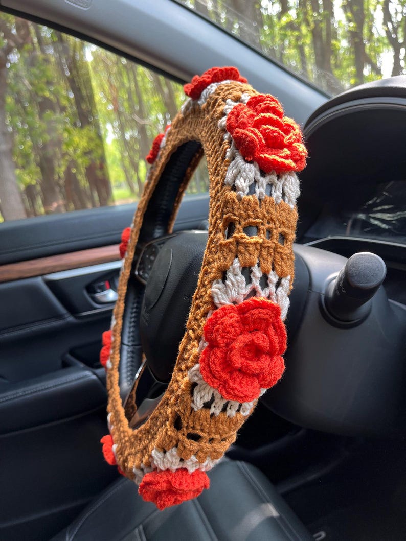 Crochet Roses Flower Steering Wheel Cover,orange Red Color Steering ...