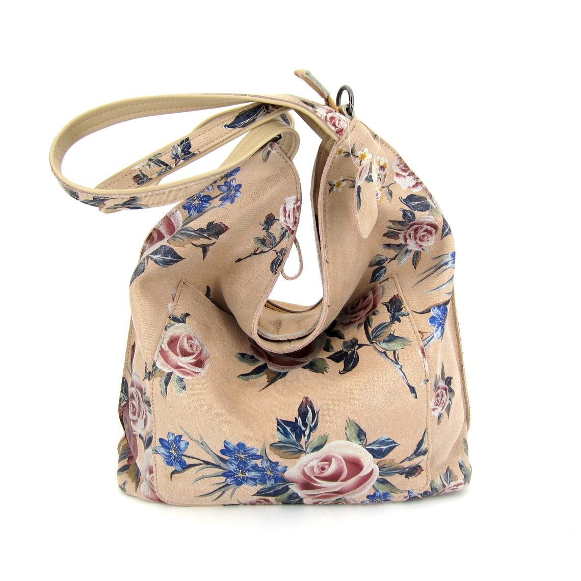 Leather bag with rose flowers print Leather Handbag with long | Etsy