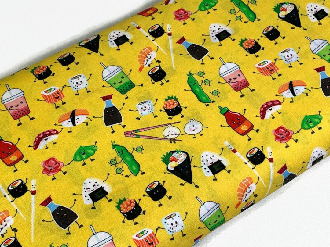 Kawaii Style Sushi Fabric. Asian Foods, Chopsticks, Boba, Sticky Rice ...