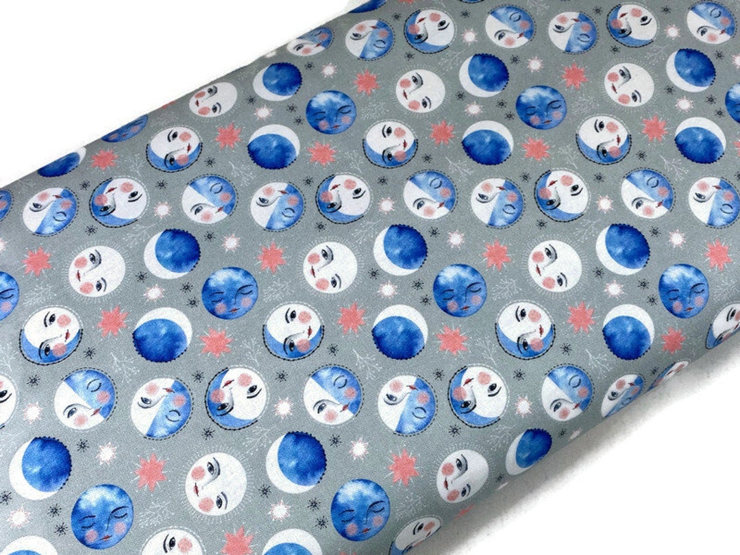 Blue Moon Phase Fabric by the YARD. Man in the Moon Face, Pink, Gray ...