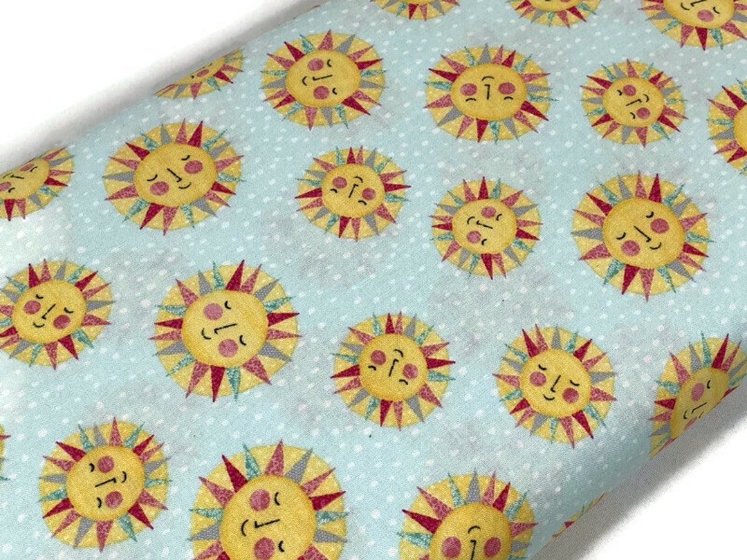 Smiling Sun Fabric by the Yard--yellow & Rainbow Suns on Sky Blue/white ...