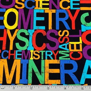 Stem/science Word Print Fabric by the YARD. Black & Rainbow "it's ...