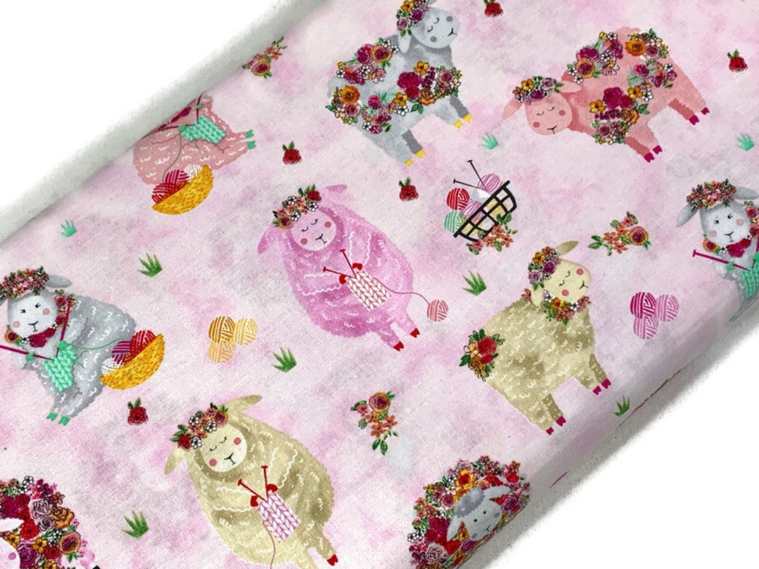 Knitting Sheep Fabric Sold by the YARD. Pale Pink and Assorted Colors ...