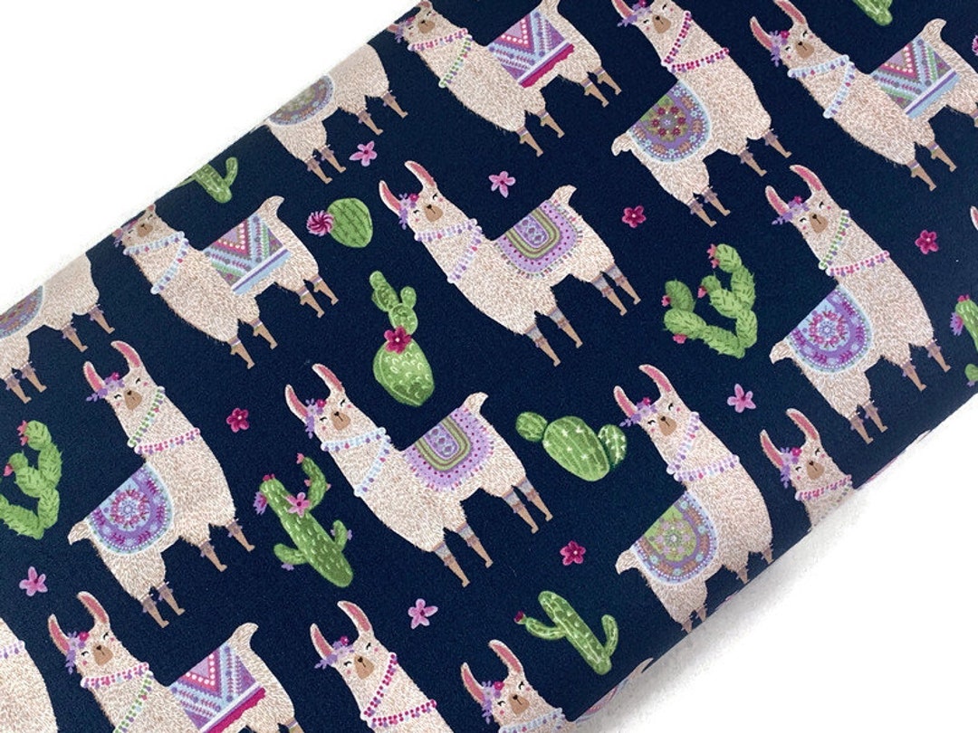 Llamas on Navy Blue Print Fabric by the Yard. Fancy Alpacas & Cactus ...
