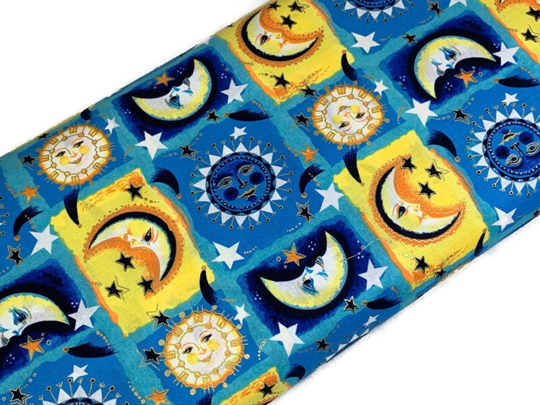 60" Wide Sun, Moon, Stars Fabric by the YARD. Blue & Golden Yellow ...
