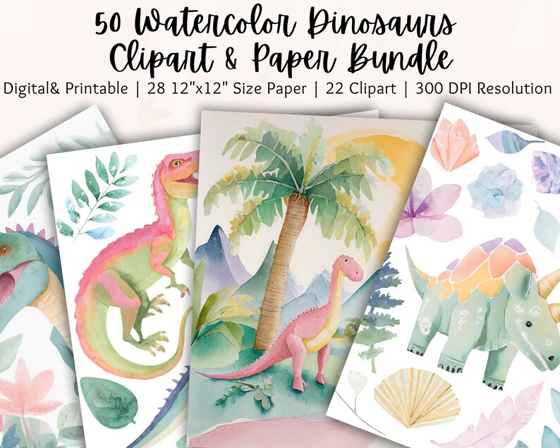 Watercolor Dinosaur Clipart Bundle | Watercolor Dinosaurs Digital Paper ...