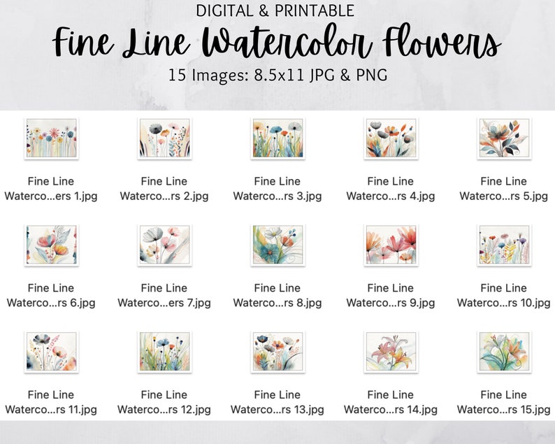 Fine Line Watercolor Flowers Digital Paper Pack | Commercial Use ...