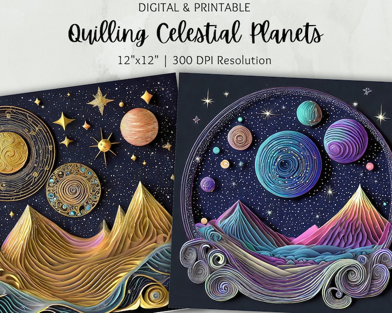 Quilling Celestial Galaxy Vibrant Planets | Digital Paper Pack ...