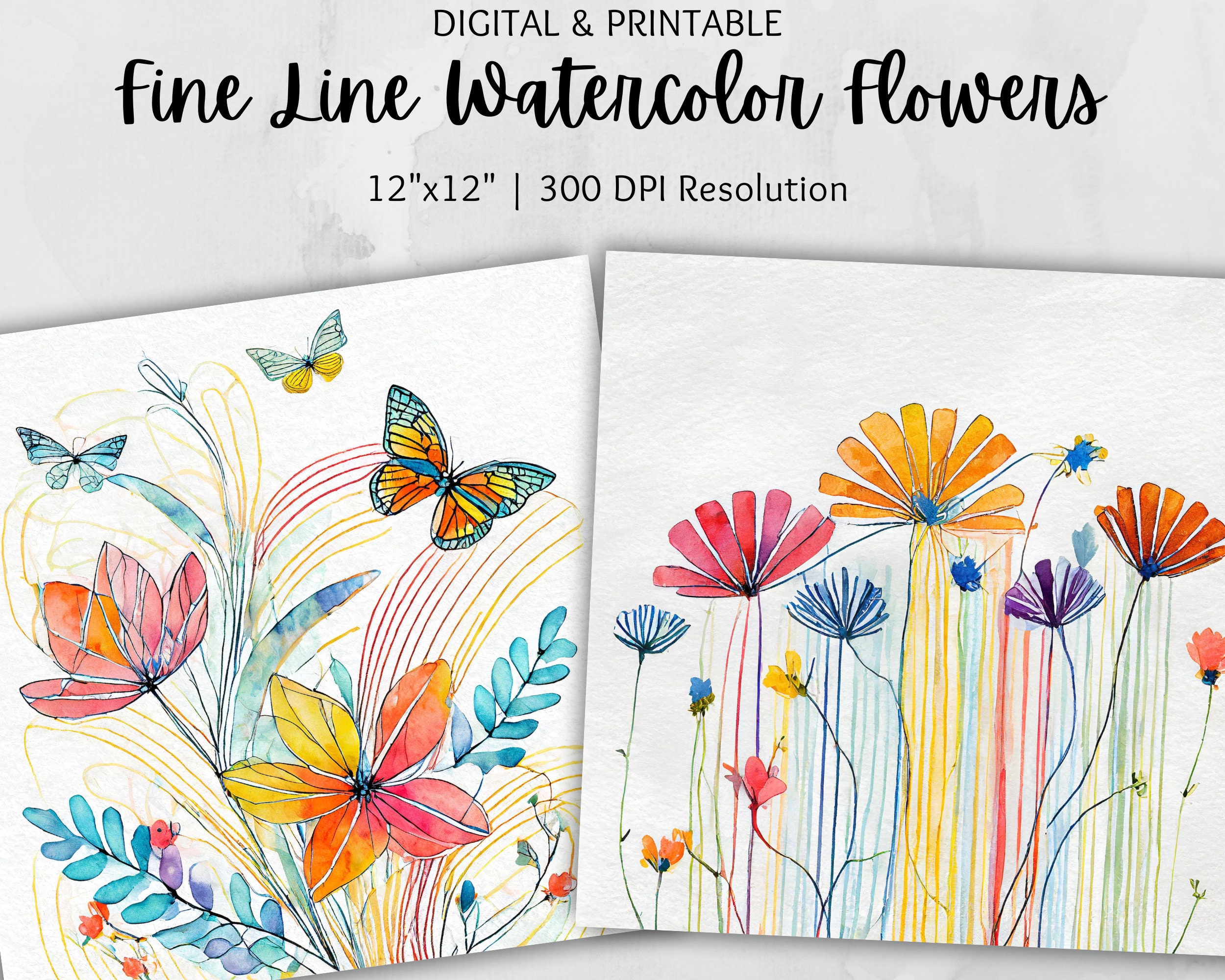Fine Line Watercolor Flowers Digital Paper Pack | Commercial Use ...