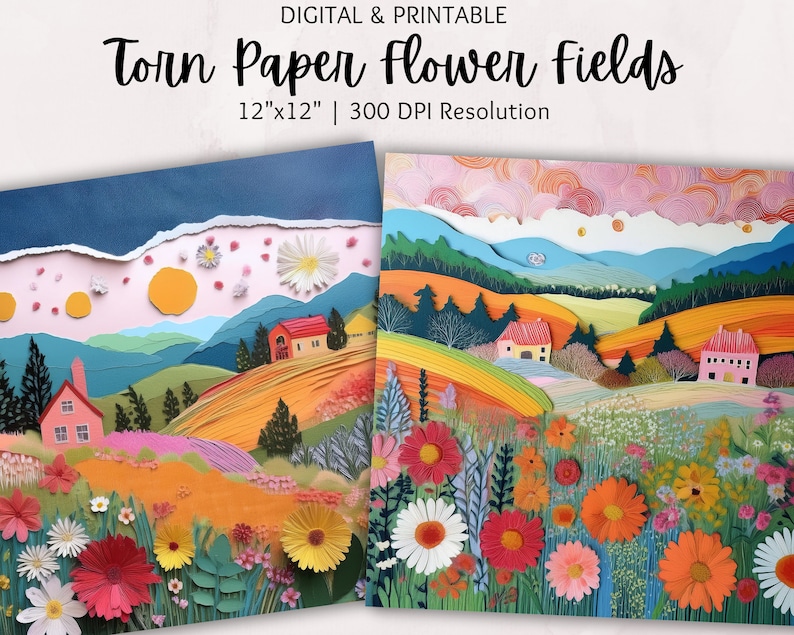 Torn Paper Flower Fields | Deckle Paper Flower | Floral Background ...