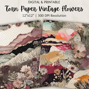 Torn Paper Vintage Flowers | Deckle Paper Flower | Floral Background ...