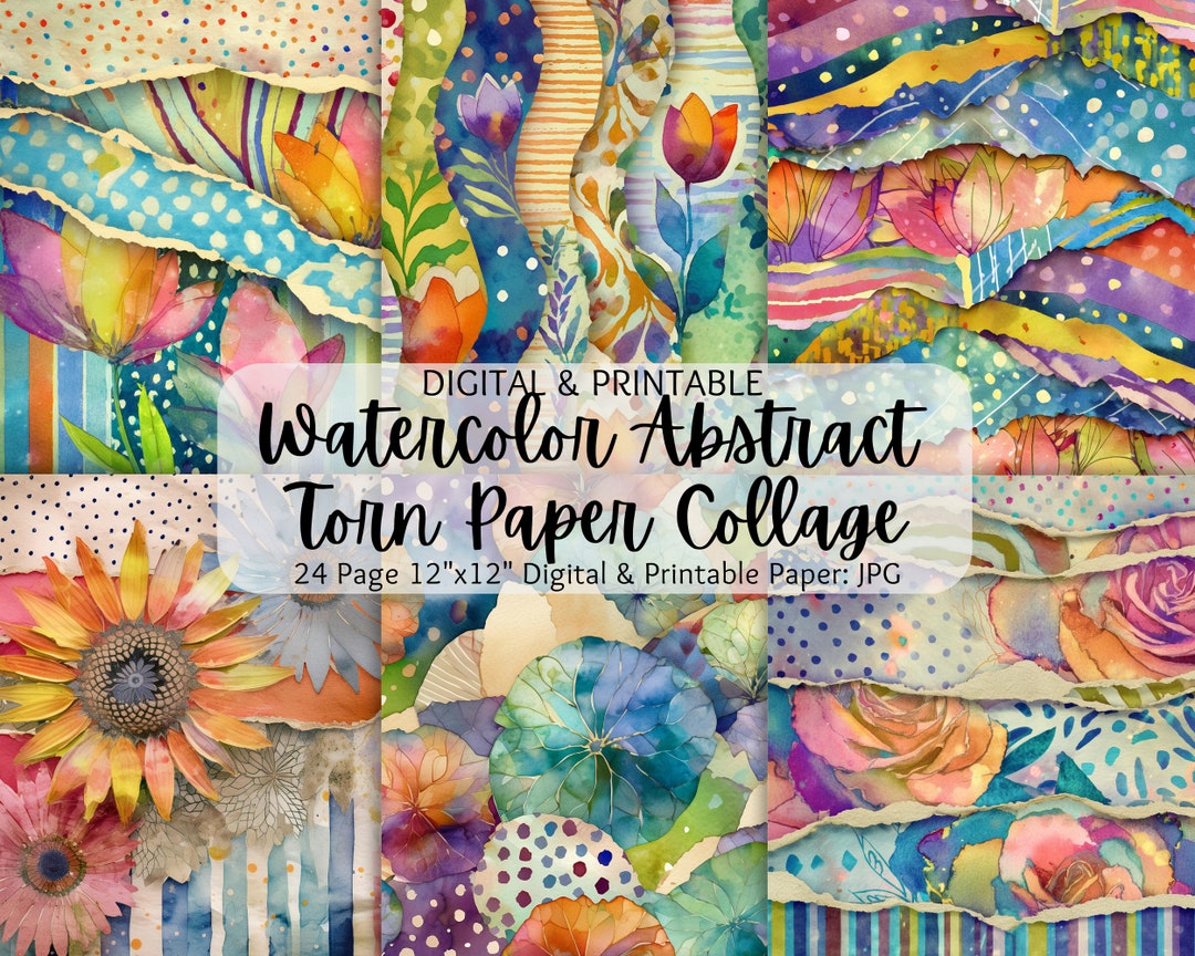 Watercolor Abstract Torn Paper Flower Collage | Digital Paper ...