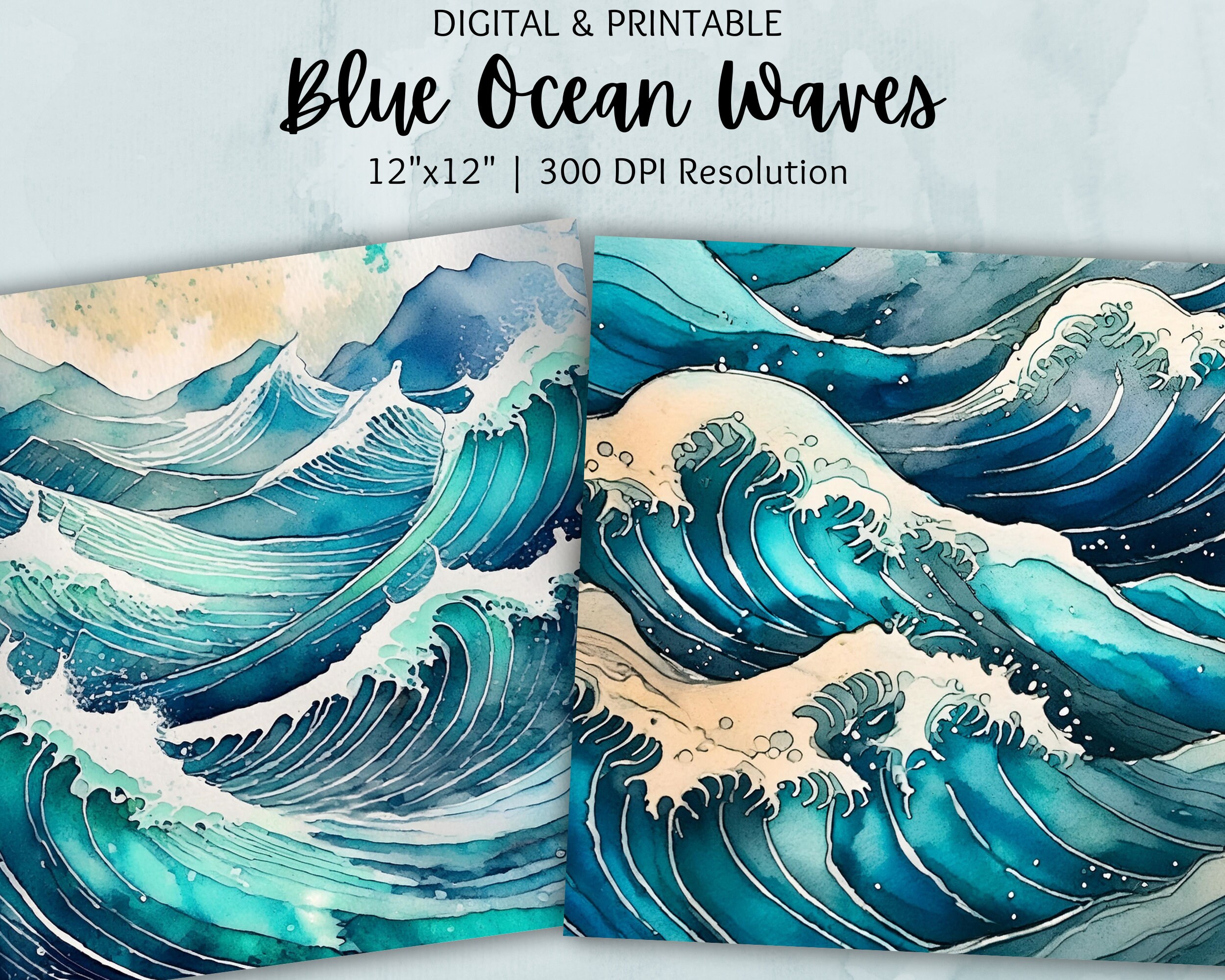 Watercolor Blue Ocean Waves Digital Paper | Watercolor Texture ...