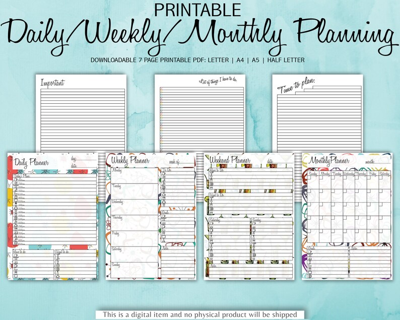 Daily Weekly Weekend Monthly Planner Bundle Printable A4 | Etsy