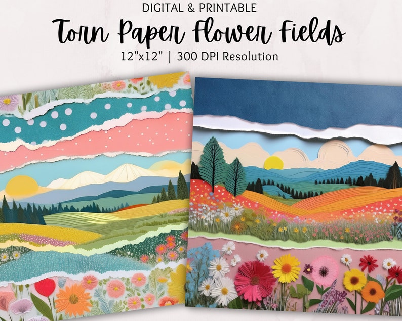 Torn Paper Flower Fields | Deckle Paper Flower | Floral Background ...