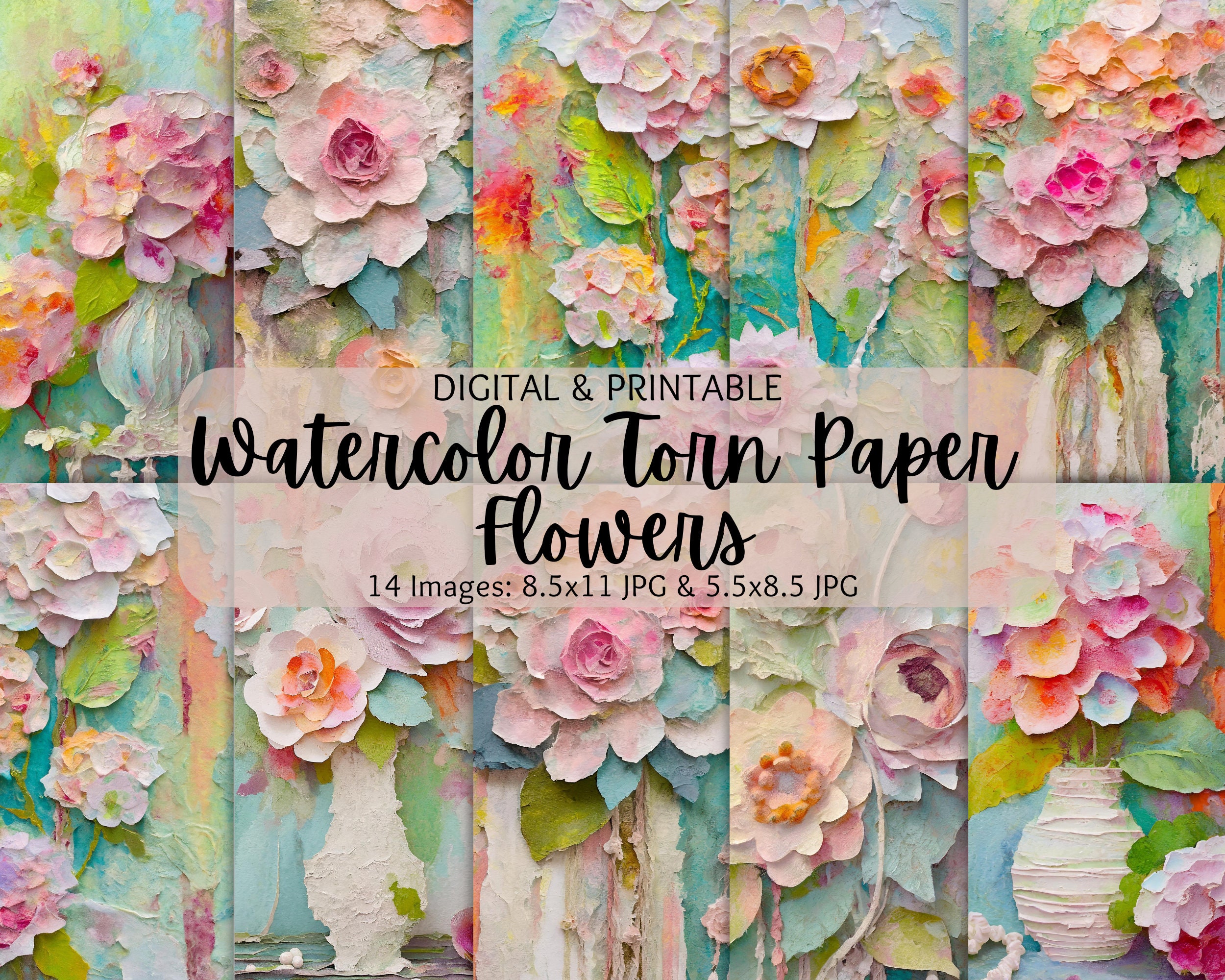 Torn Paper Watercolor Flowers | Deckle Paper Flower | Floral Watercolor ...