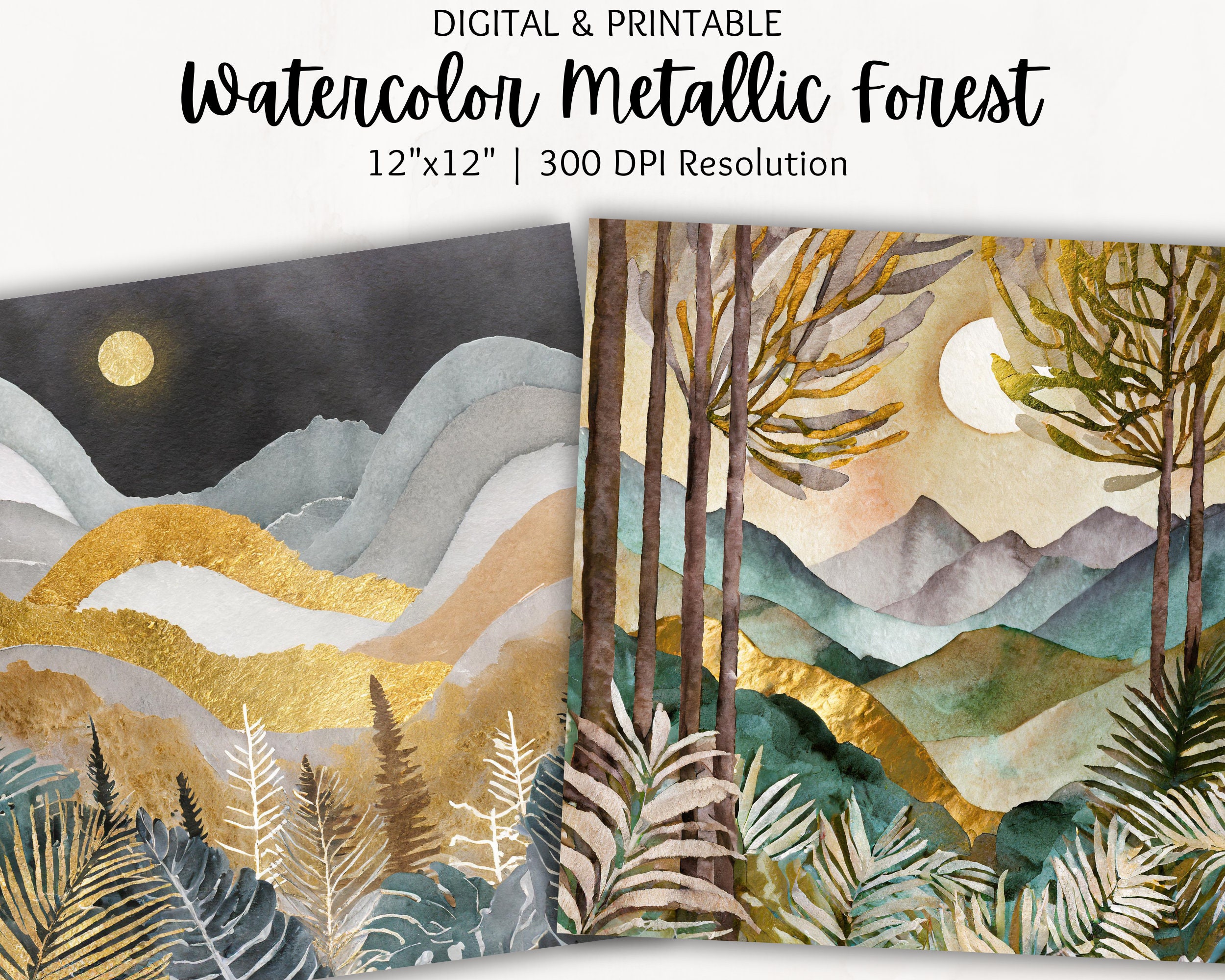 Watercolor Metallic Forest Trees Paper Art | Digital Downloads ...