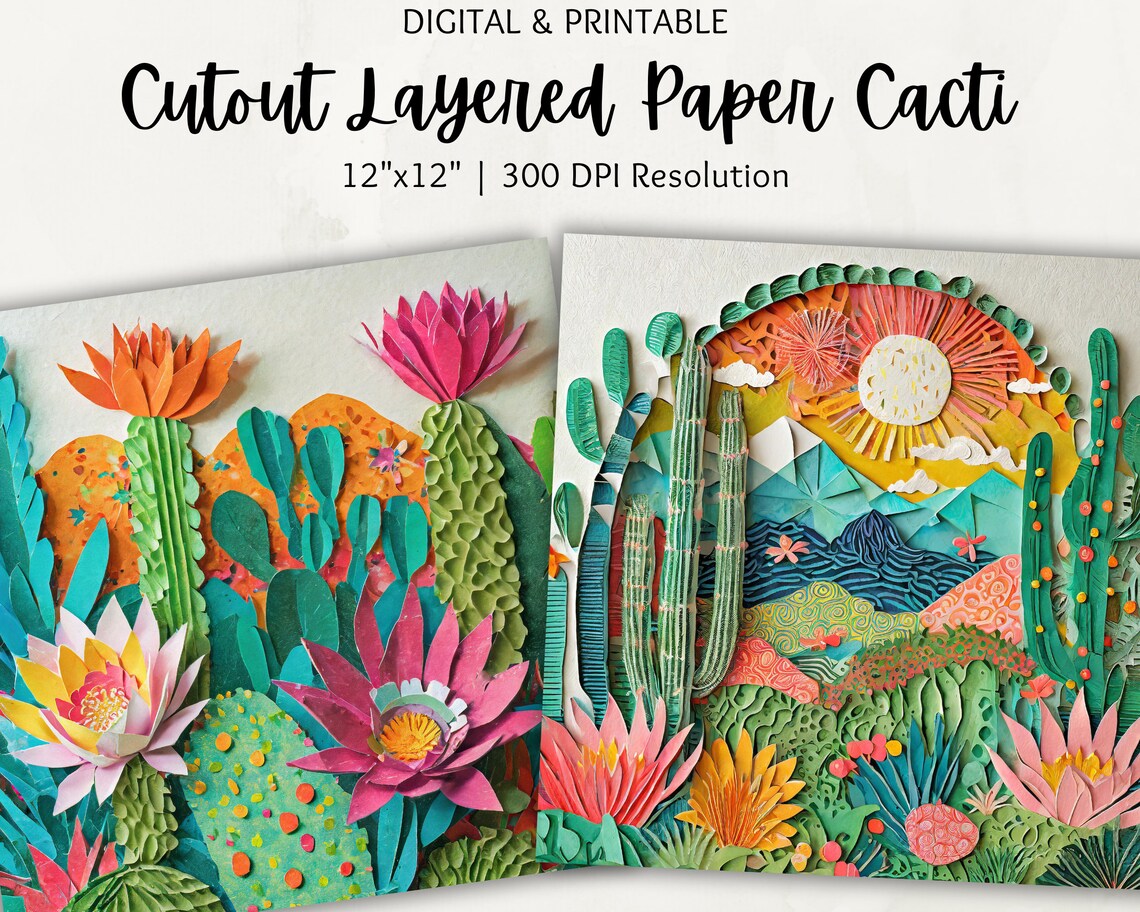 Cacti Cutout Layered Paper | Digital Paper Pack | Cactus Backgrounds ...