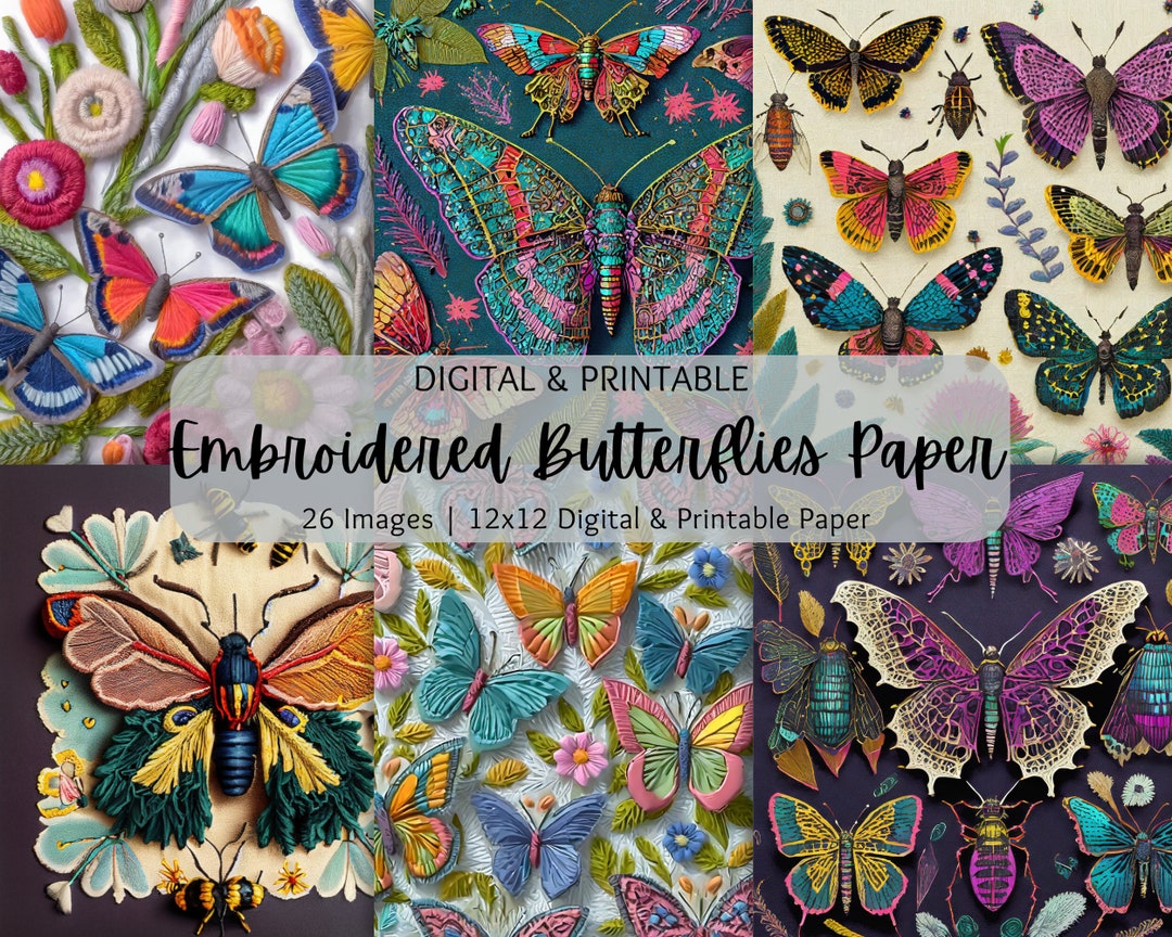 Embroidered Butterflies Paper | 3d Butterflies Digital Paper Pack ...