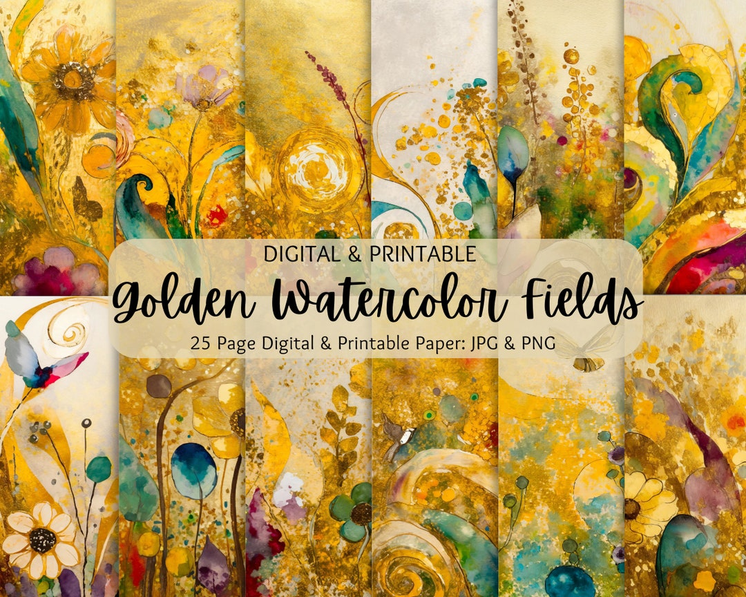 Golden Watercolor Flowers Digital Paper Pack | Commercial Use ...