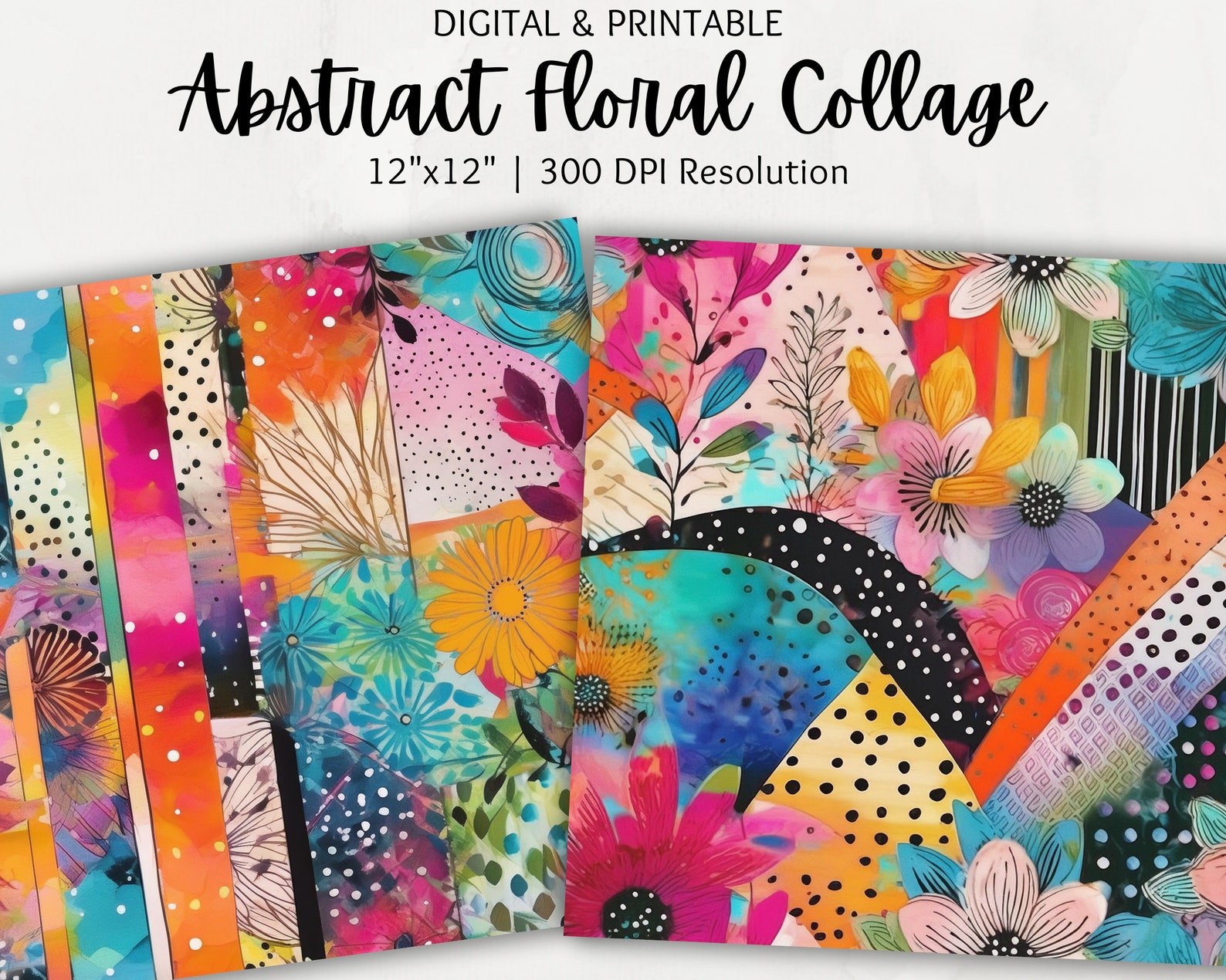 Abstract Mixed Media Vibrant Flower Collage | Digital Paper ...