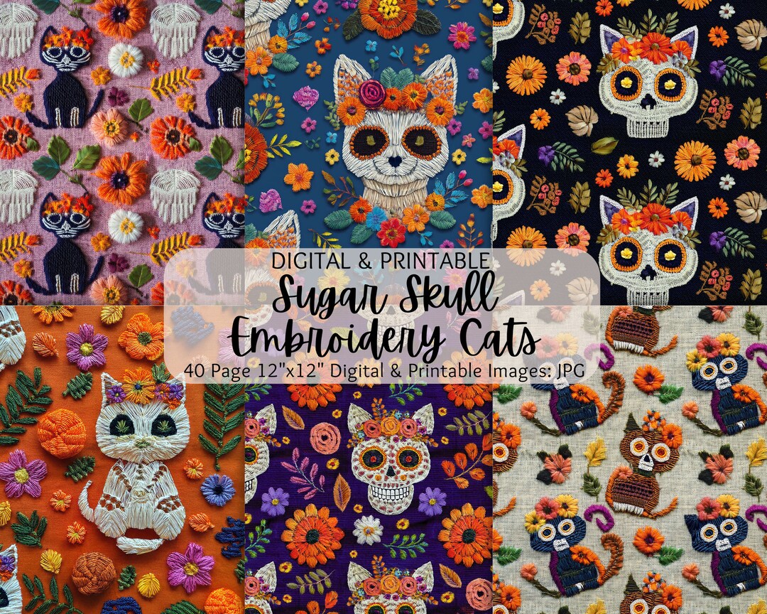 Sugar Skull Cats Embroidery Images | Day of the Dead | Dia De Los ...