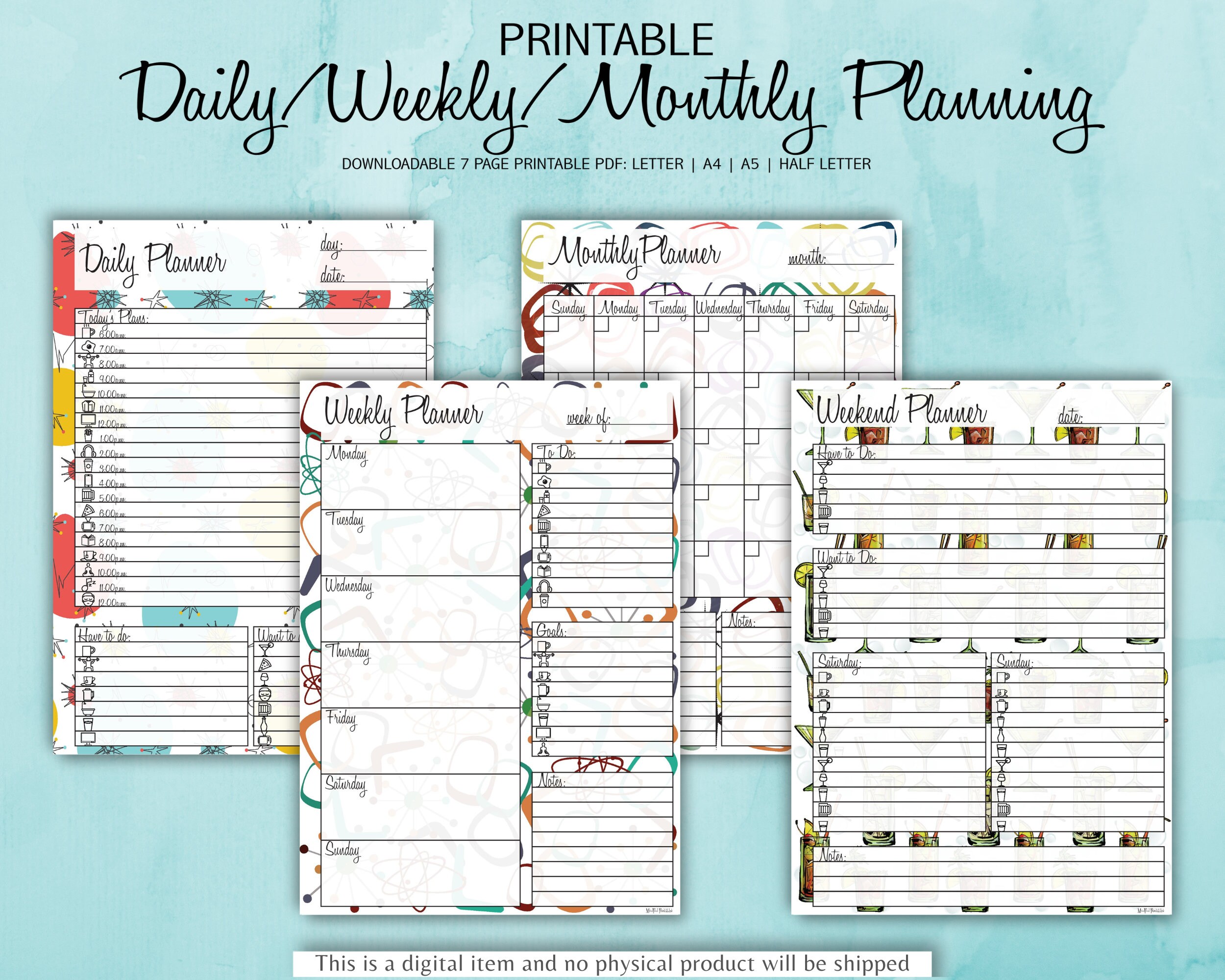 Daily, Weekly, Weekend, Monthly Planner Bundle Printable A4, A5, Letter ...