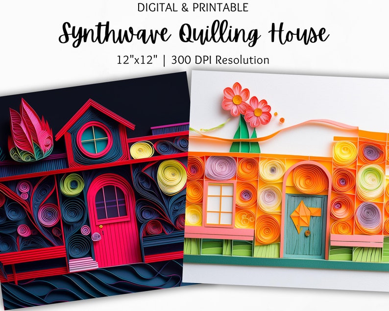 Synthwave Quilling Mid Century Houses Paper Art | Digital Downloads ...