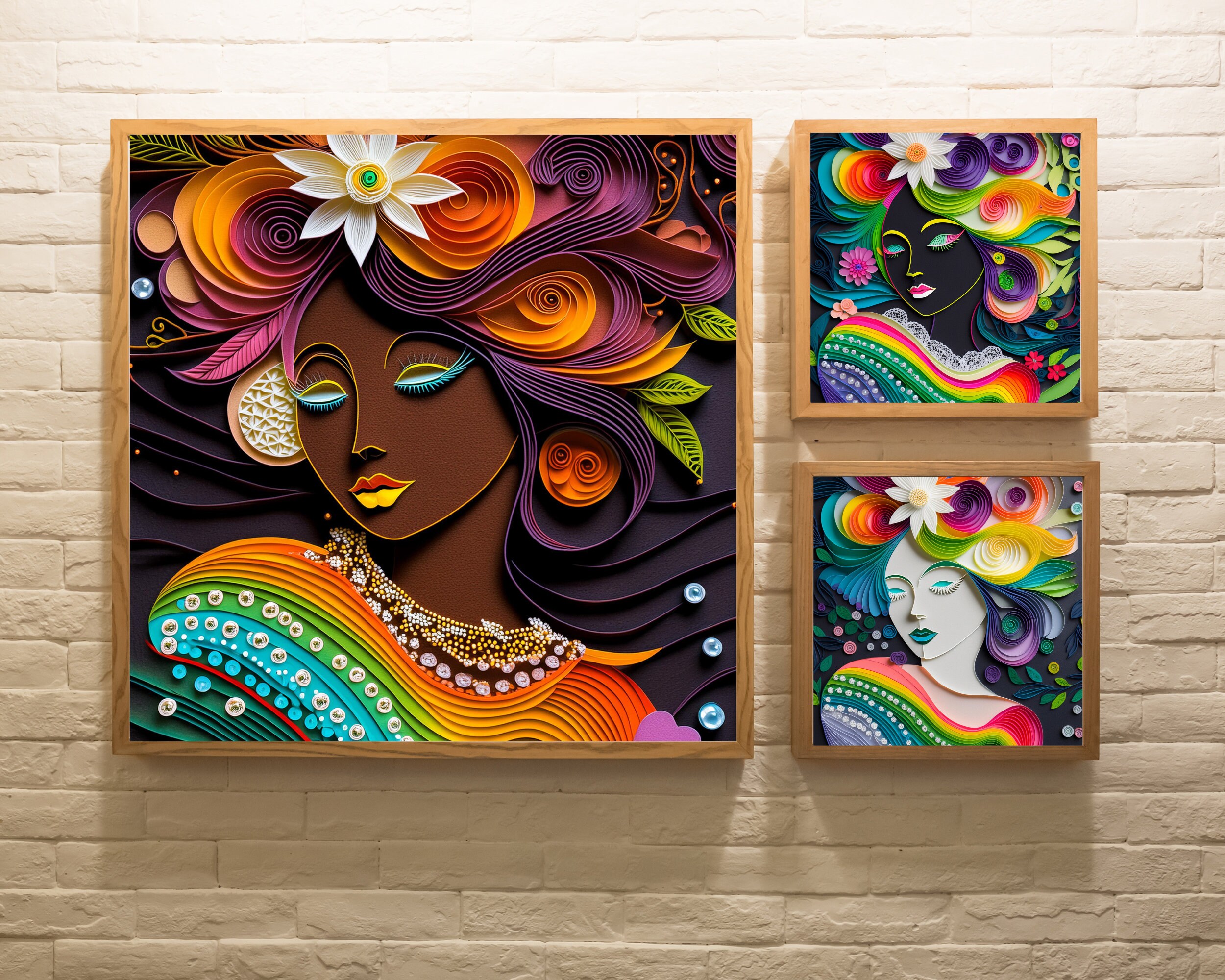 Synthwave Women's Silhouette Art Rainbow Colorful Quilling Paper Art ...