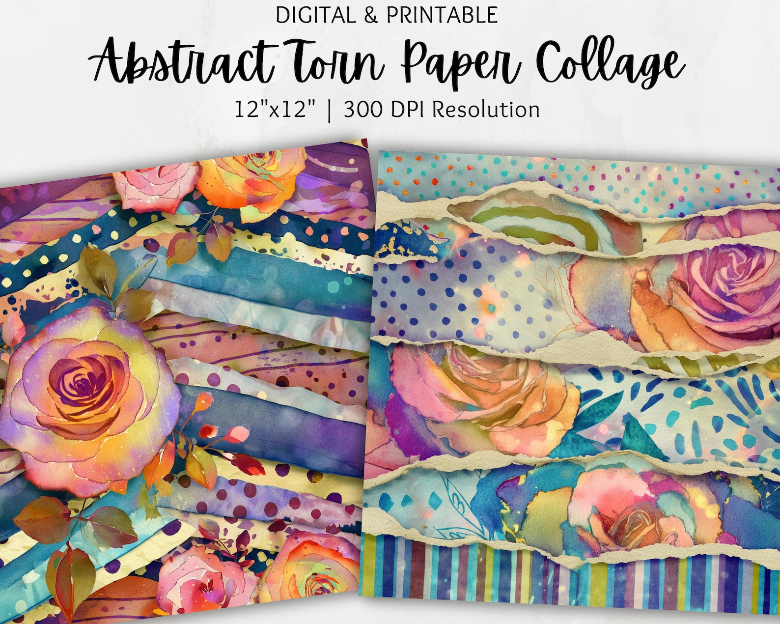 Watercolor Abstract Torn Paper Flower Collage | Digital Paper ...