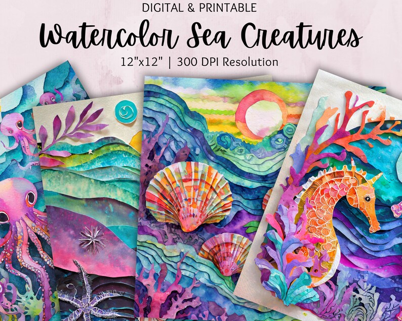 Watercolor Sea Creatures Paper | Ocean Digital Paper Pack | Commercial ...
