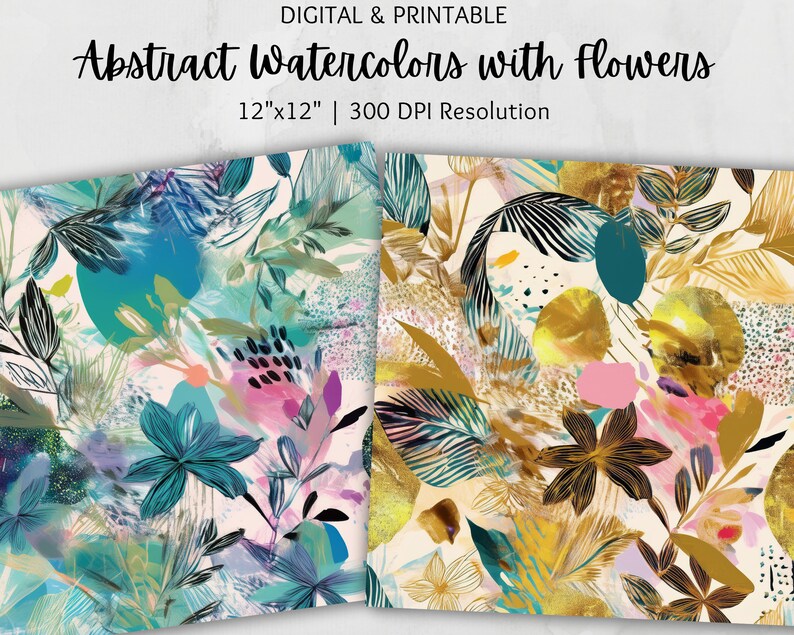 Abstract Watercolor Flowers Digital Paper Pack | Commercial Use ...
