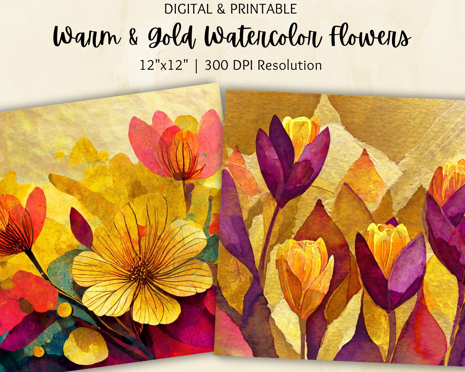 Warm & Gold Watercolor Flowers Digital Paper Pack | Watercolor Floral ...