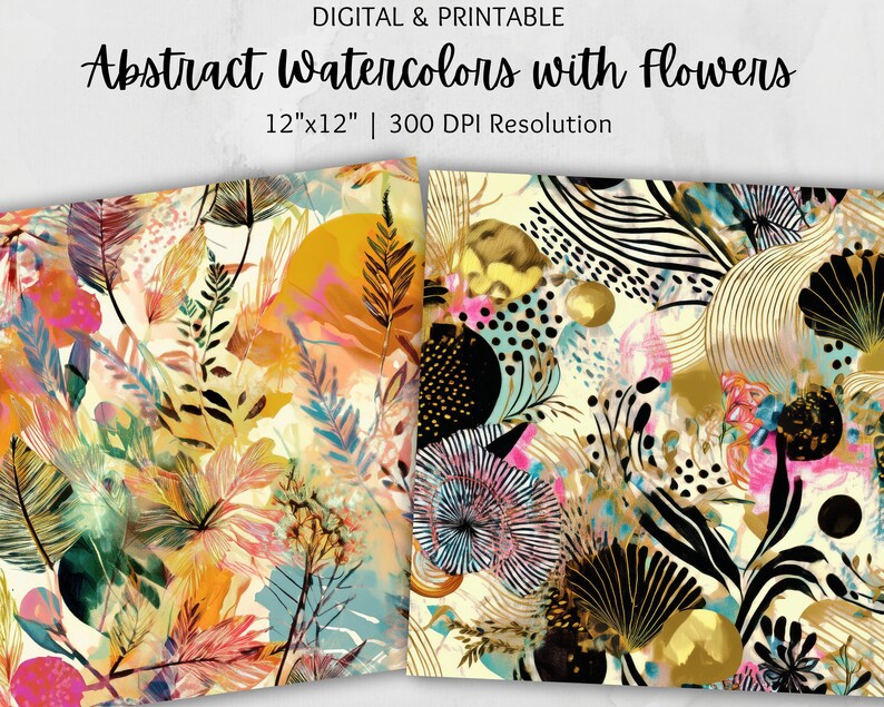 Abstract Watercolor Flowers Digital Paper Pack | Commercial Use ...