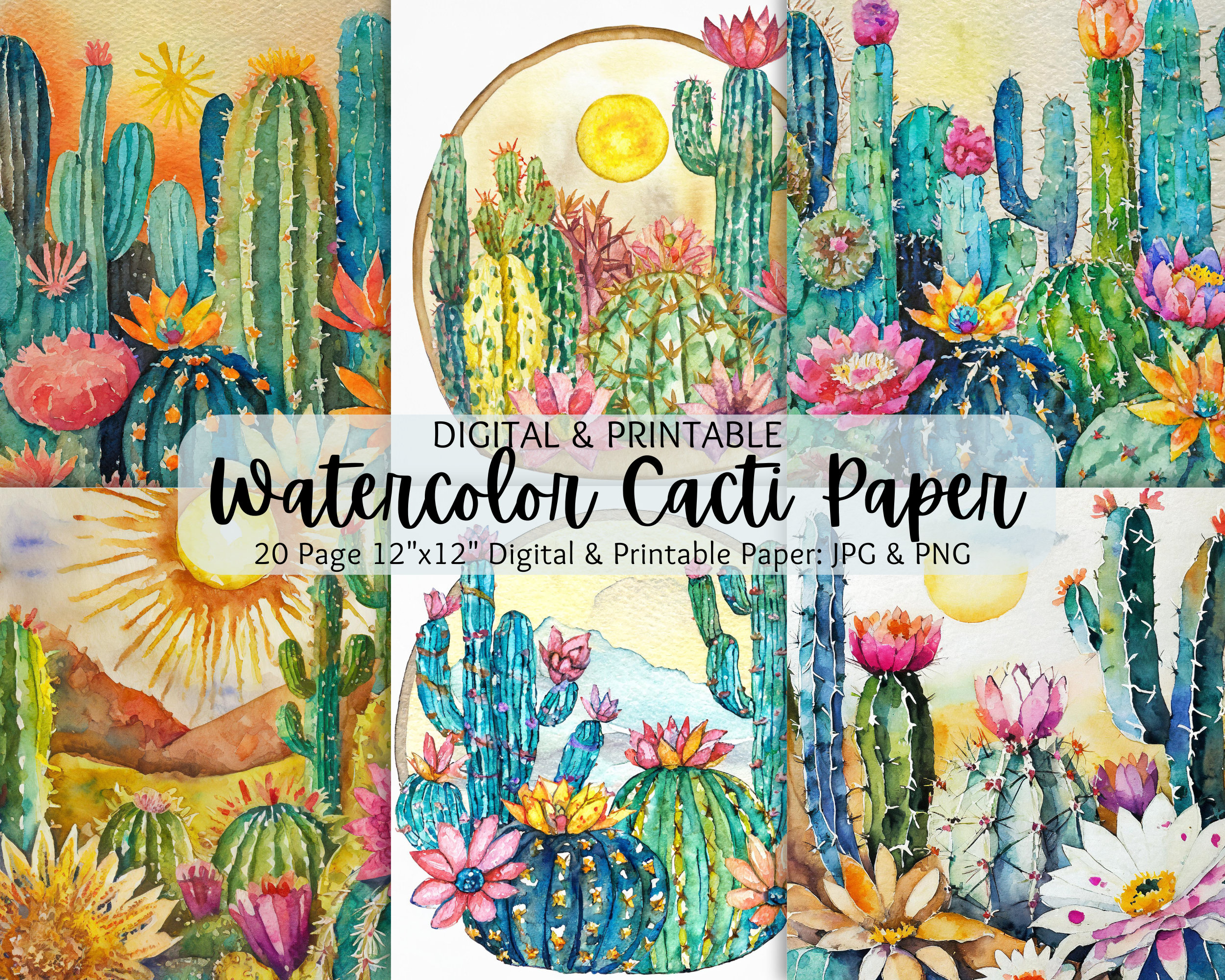 Watercolor Cacti Digital Paper Pack | Watercolor Cactus Backgrounds ...