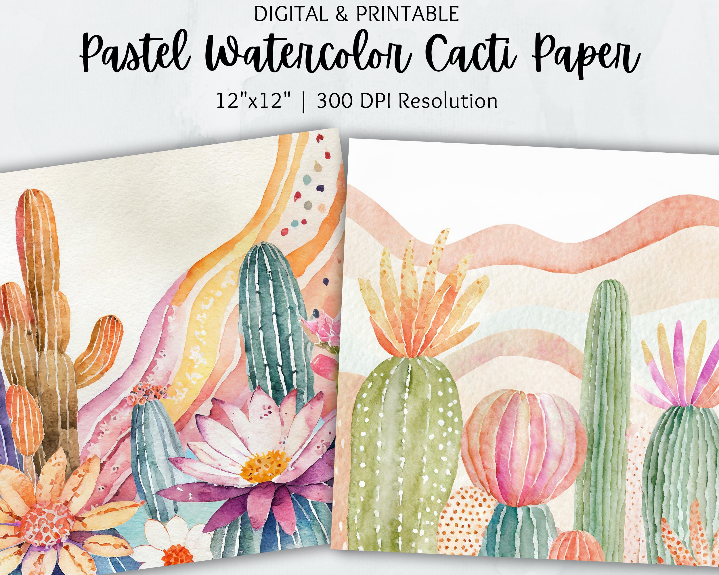 Pastel Watercolor Cacti Digital Paper Pack | Watercolor Cactus ...
