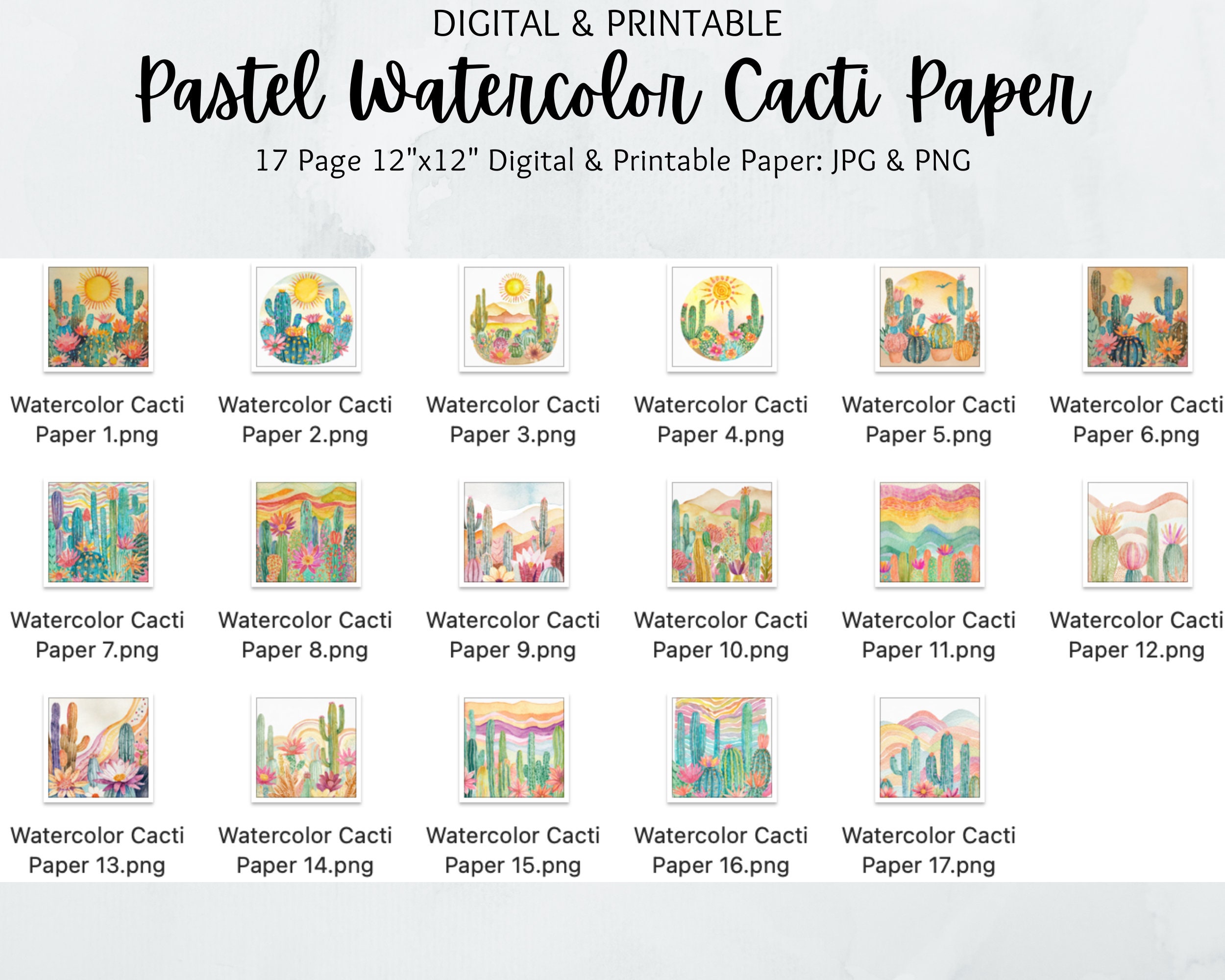 Pastel Watercolor Cacti Digital Paper Pack Watercolor Cactus ...