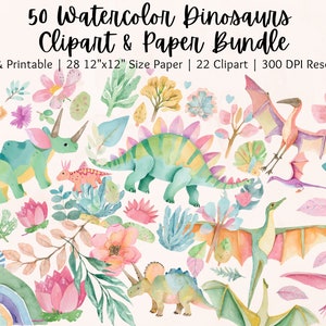 Watercolor Dinosaur Clipart Bundle | Watercolor Dinosaurs Digital Paper ...