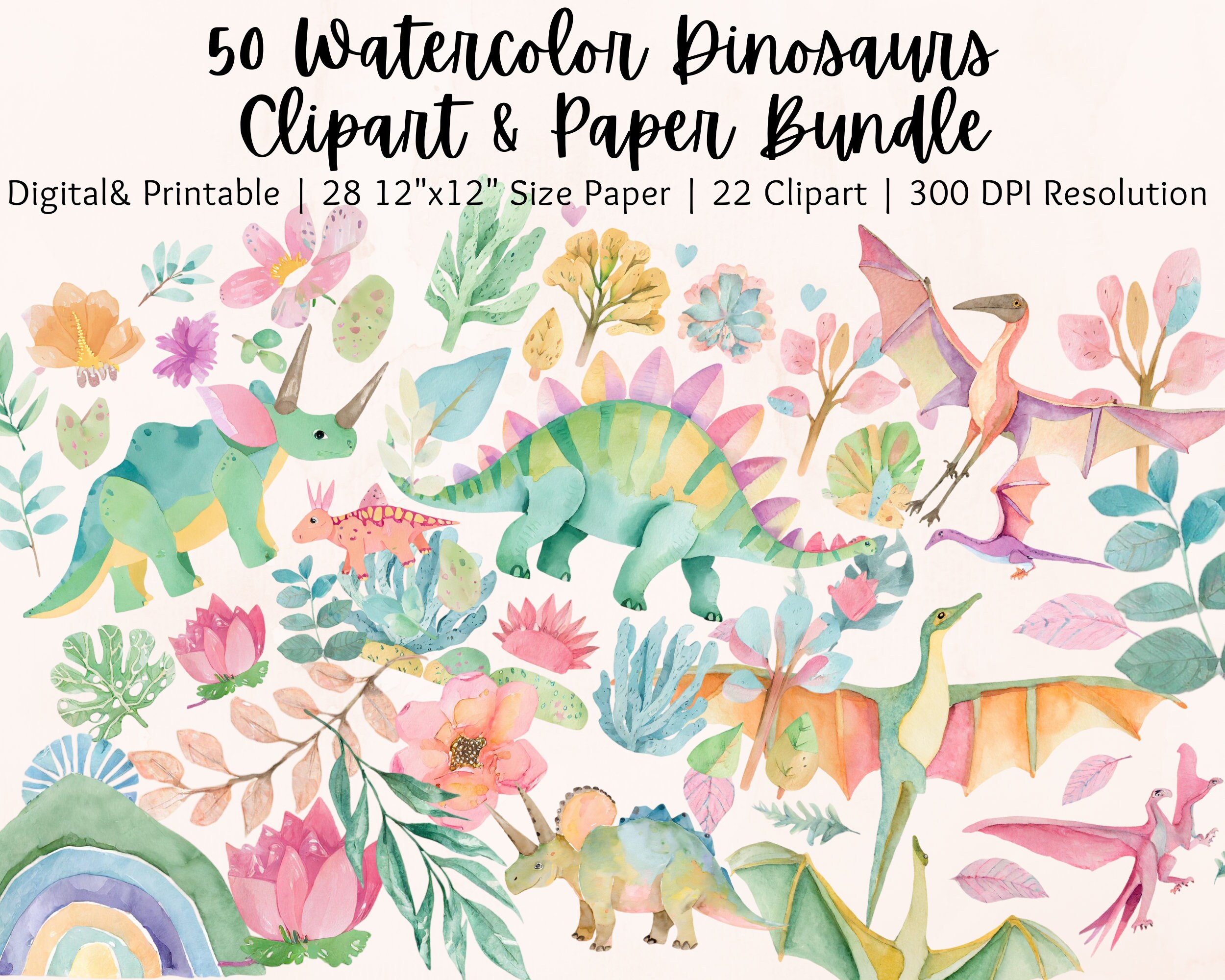 Watercolor Dinosaur Clipart Bundle | Watercolor Dinosaurs Digital Paper ...