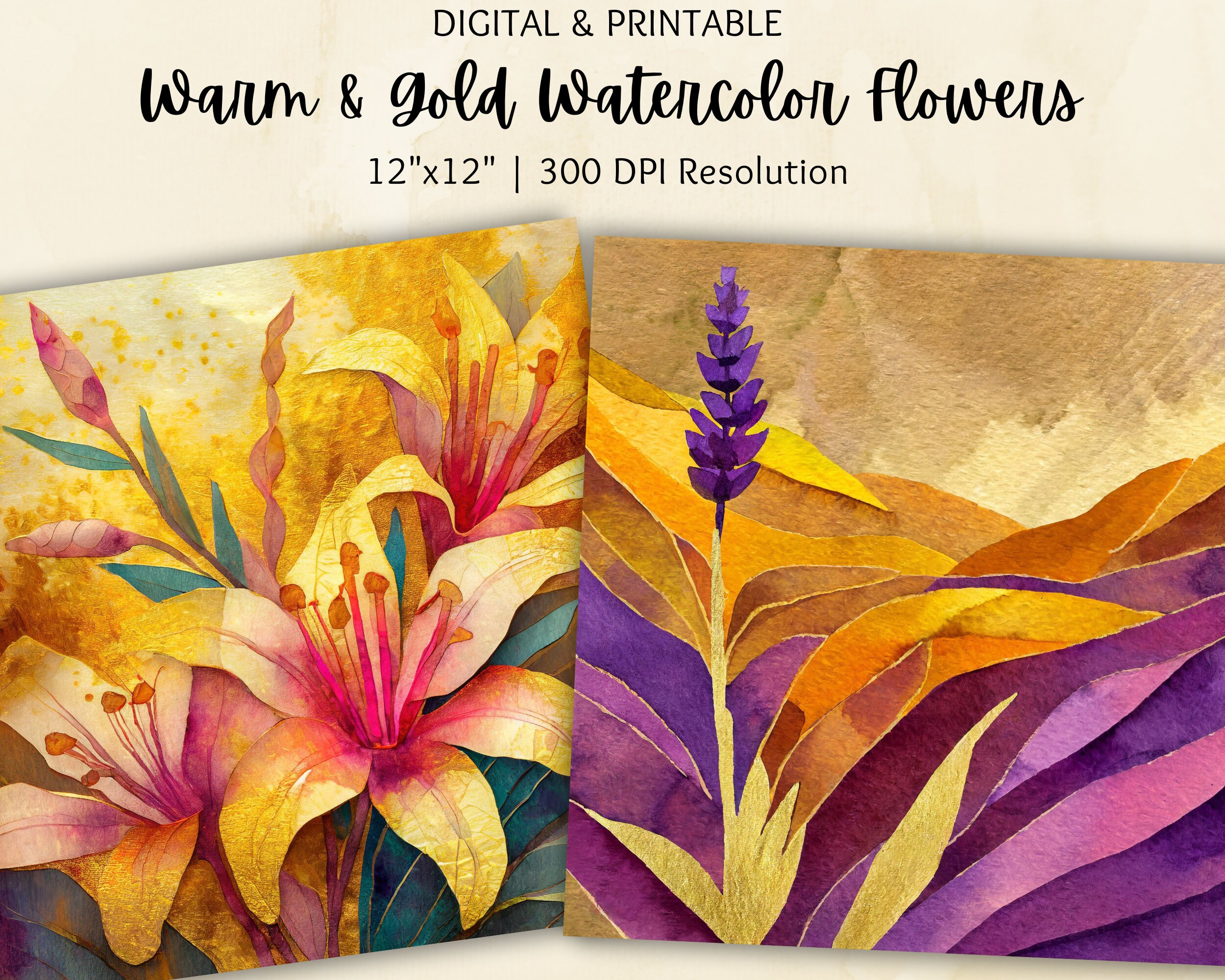 Warm & Gold Watercolor Flowers Digital Paper Pack | Watercolor Floral ...