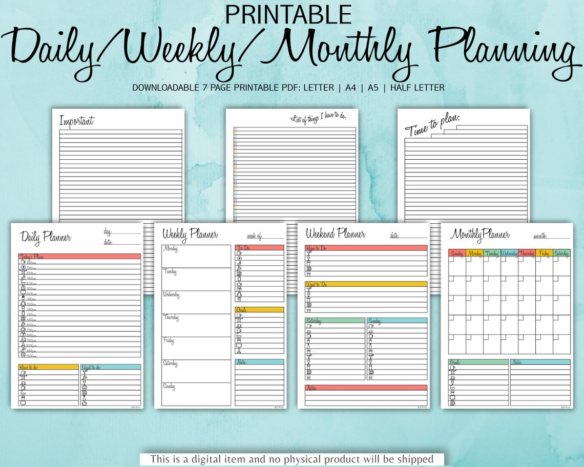 Daily Weekly Weekend Monthly Planner Bundle Printable A4 - Etsy