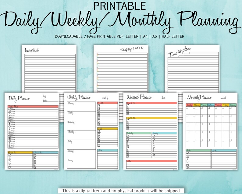 Daily Weekly Weekend Monthly Planner Bundle Printable A4 - Etsy